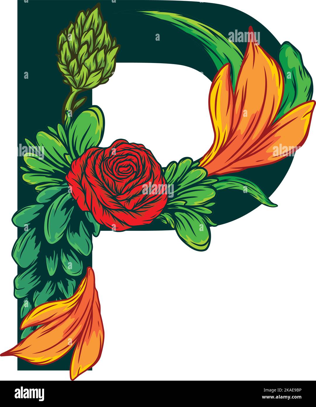 A vector of the capital P letter with green leaves and floral patterns ...