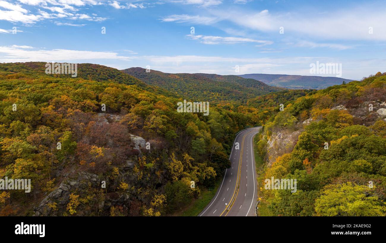 An aerial view over Storm King Mountain in upstate New York on a sunny ...