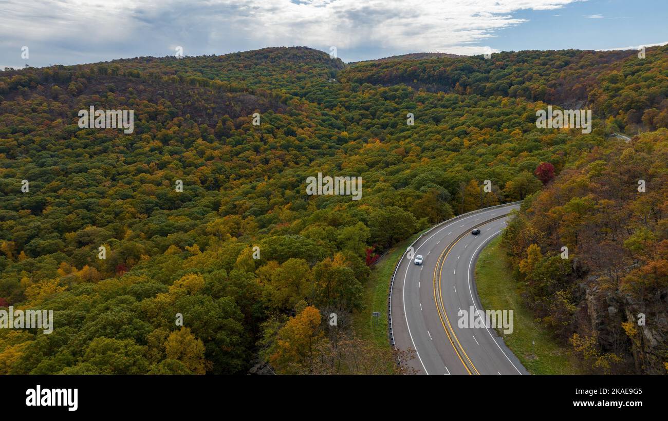 An aerial view over Storm King Mountain in upstate New York on a sunny ...
