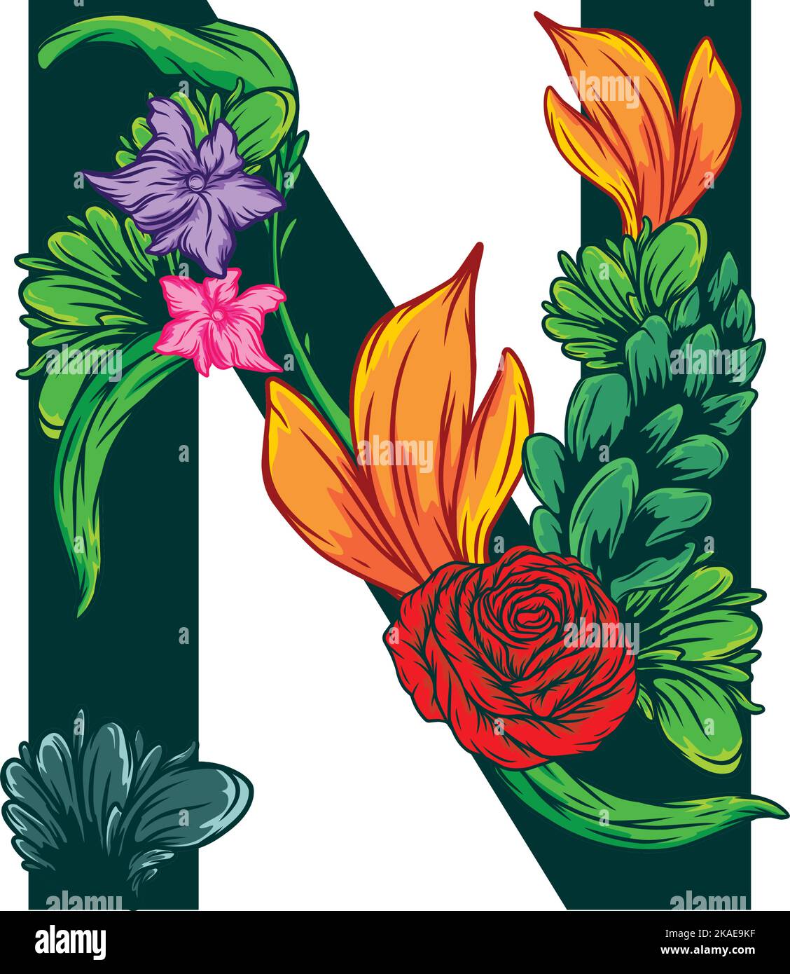 A vector of the capital N letter with green leaves and floral patterns ...