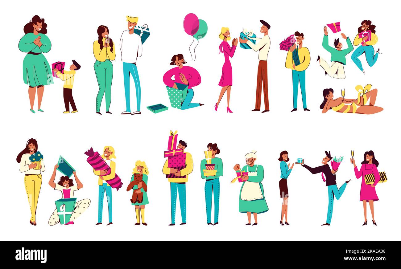Give gifts set with flat isolated icons doodle characters of people ...