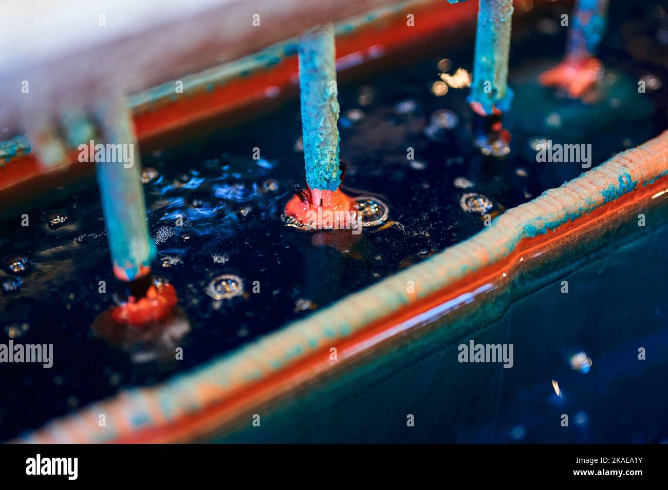 Rod cathodes covered with overgrowth copper powder at plant Stock Photo ...