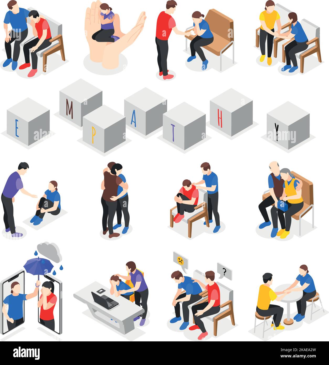 Empathy characters isometric icons set with people consoling sad friends isolated vector ...
