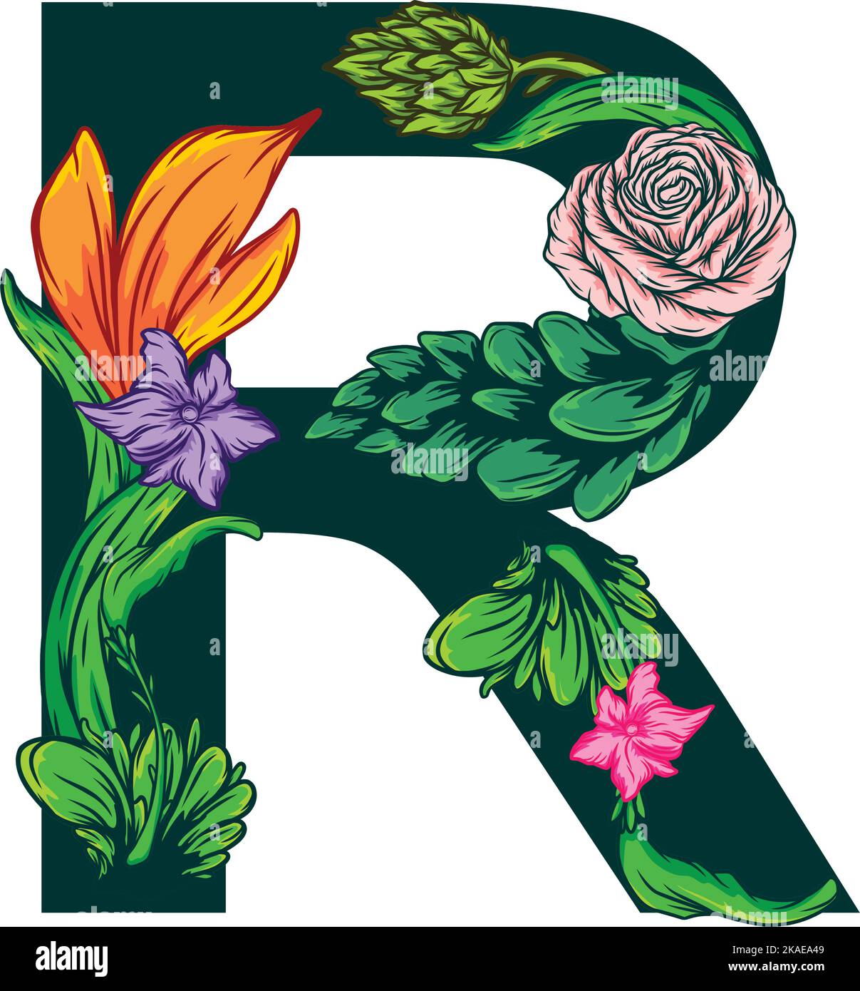 A vector of the capital R letter with green leaves and floral patterns ...
