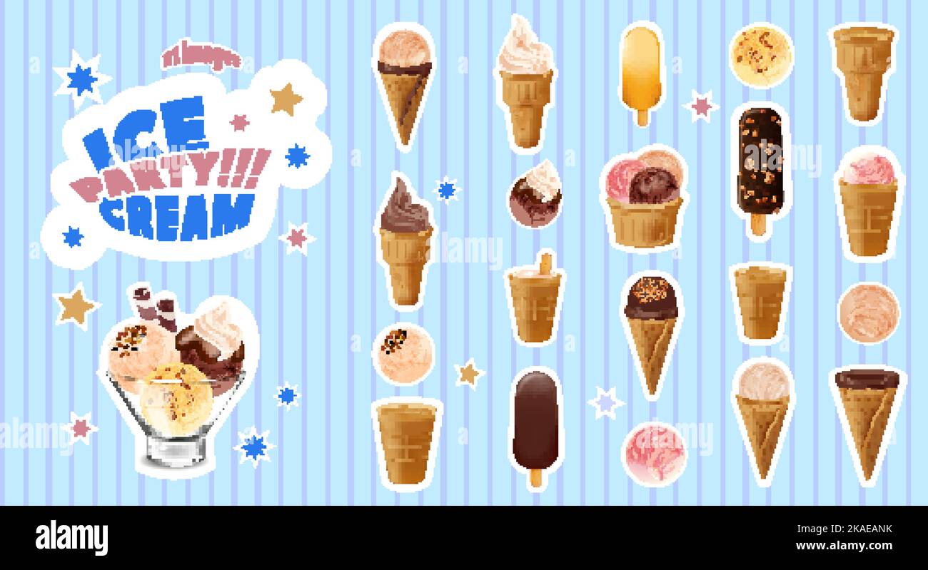 Ice cream realistic composition with set of various candy buckets ...