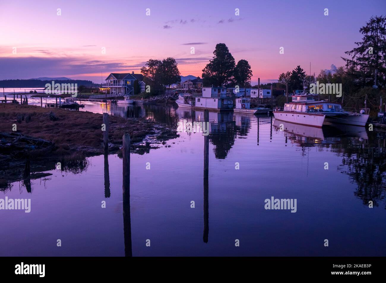 Boats moored on the Samish River, Skagit County, Washington, USA Stock ...