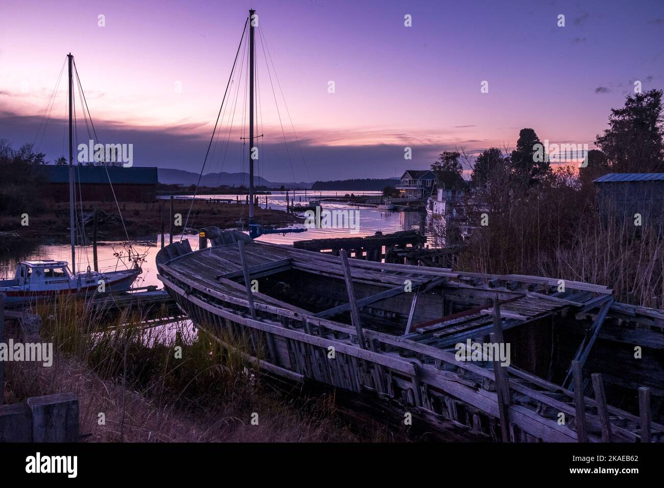 Old hull of a wooden boat on the Samish River, Skagit County ...