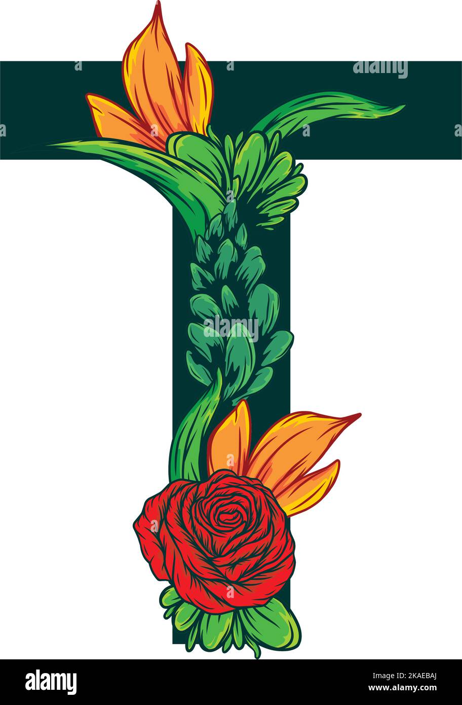 A vector of the capital T letter with green leaves and floral patterns ...