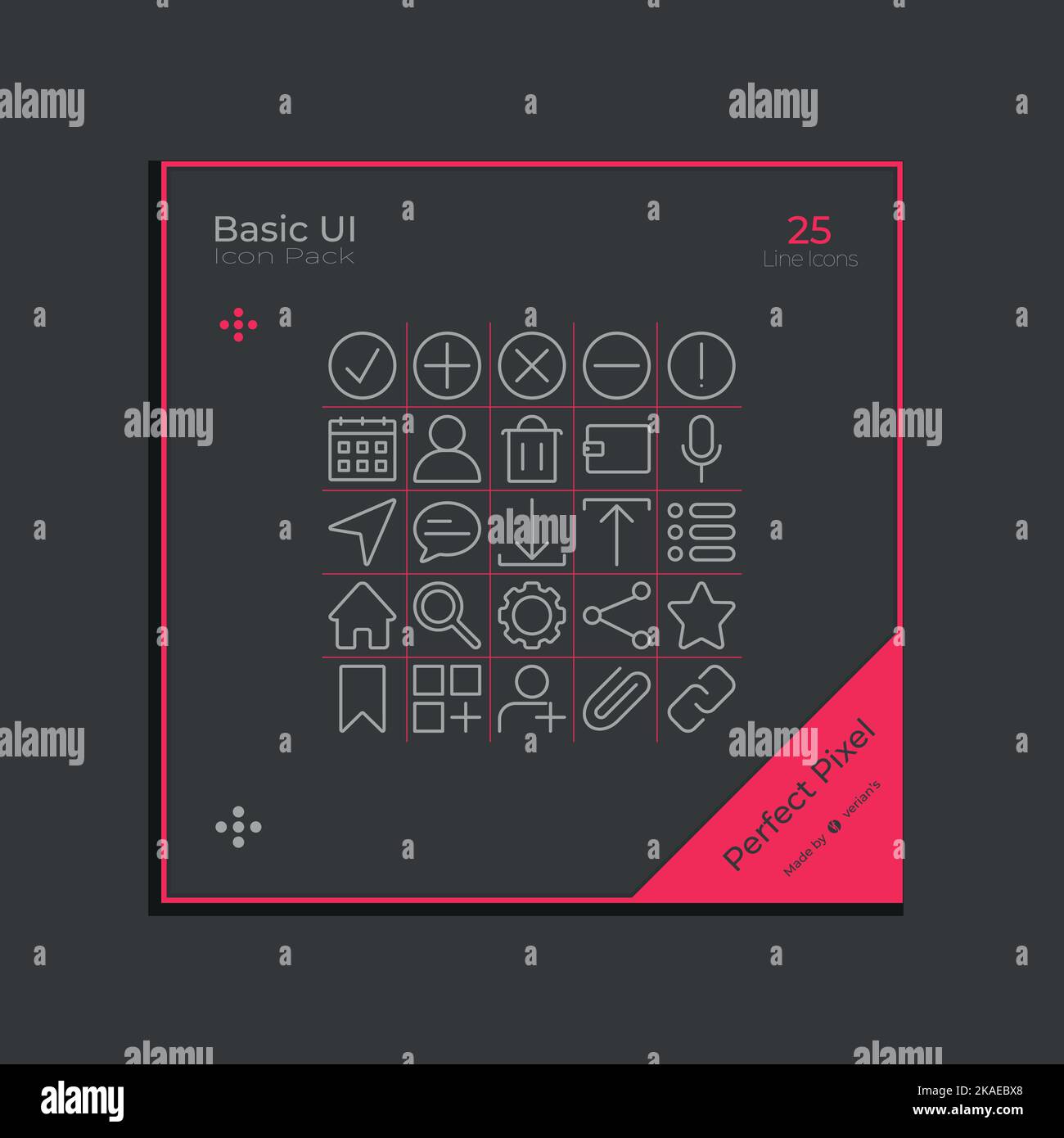 A vector design of Basic UI Icon pack in pink square on gray background ...