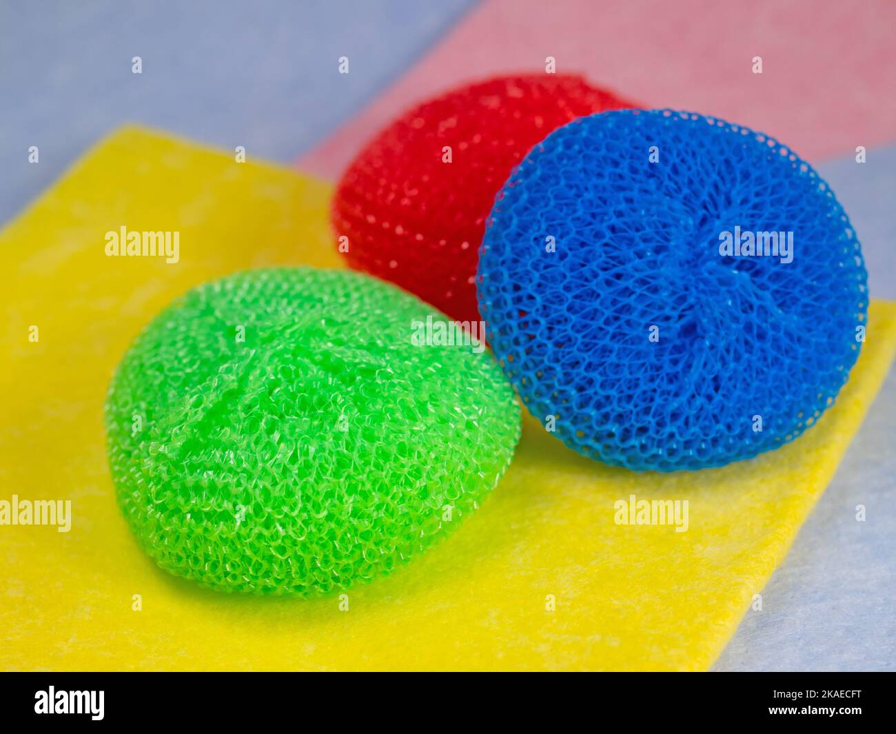 Colorful plastic scourers in a closeup Stock Photo - Alamy