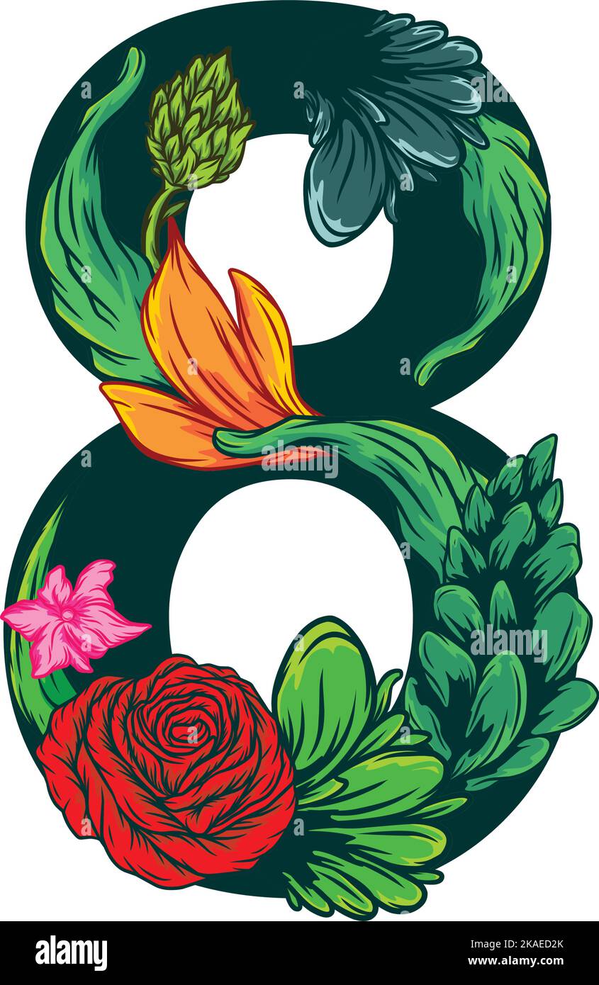 The number eight with a floral pattern isolated on white background ...
