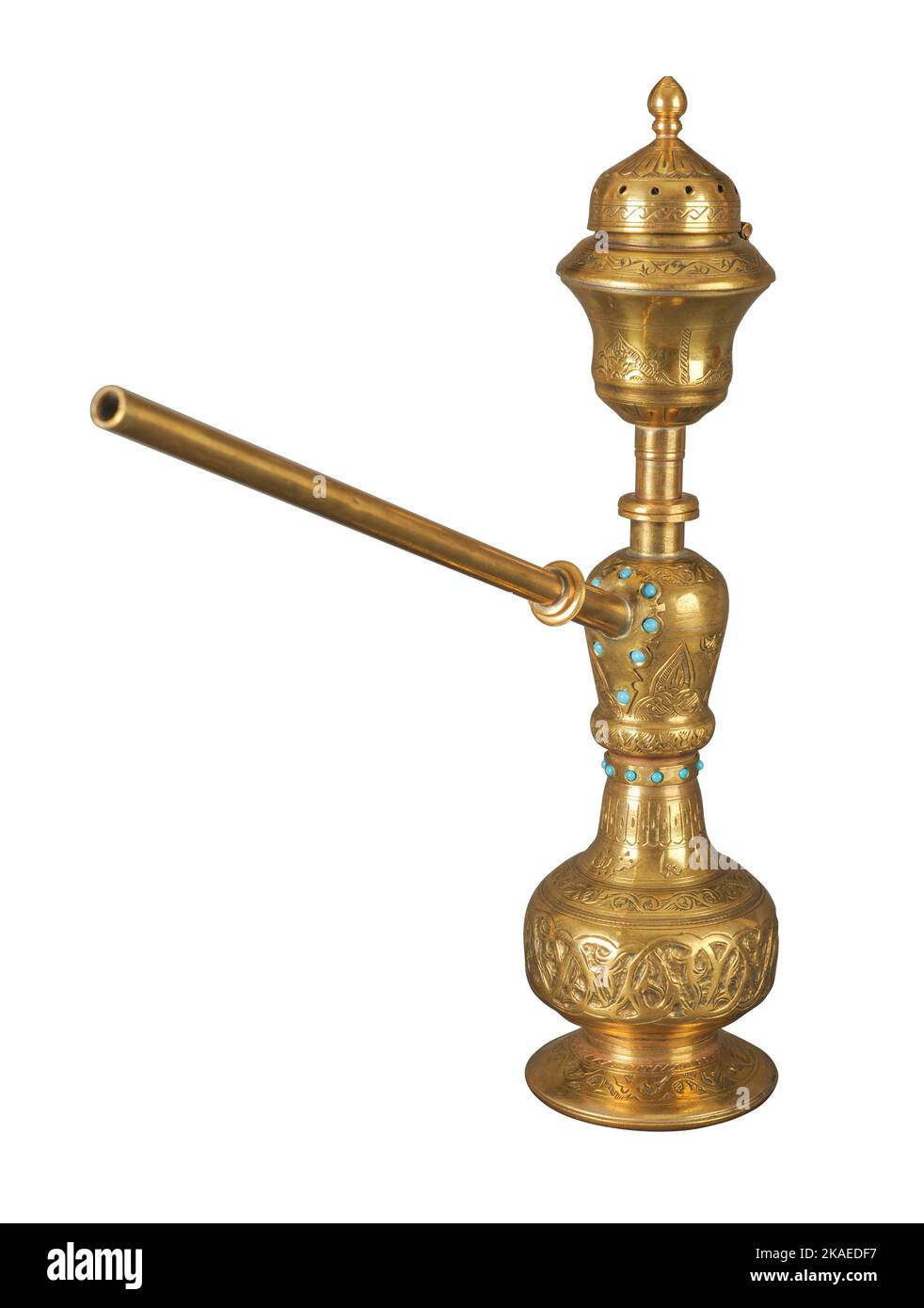 A copper hookah with artistic chasing and engraving on a white ...