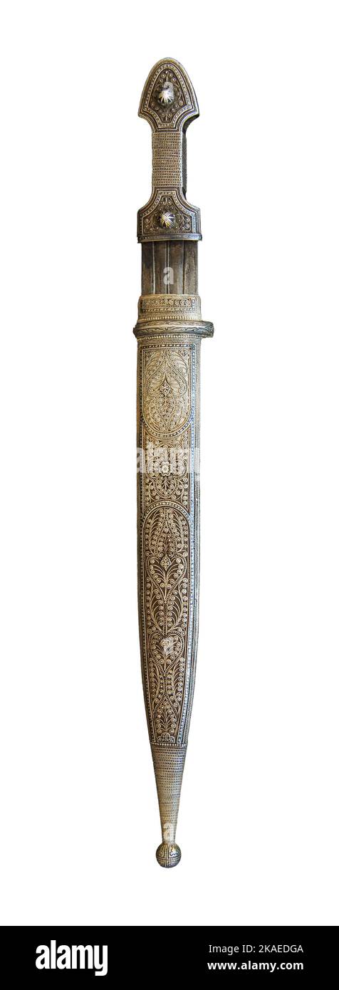 A vertical of an antique dagger with artistic chasing and engraving on ...