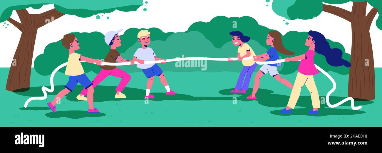 Children games scene with boys and girls pulling rope outdoors flat ...