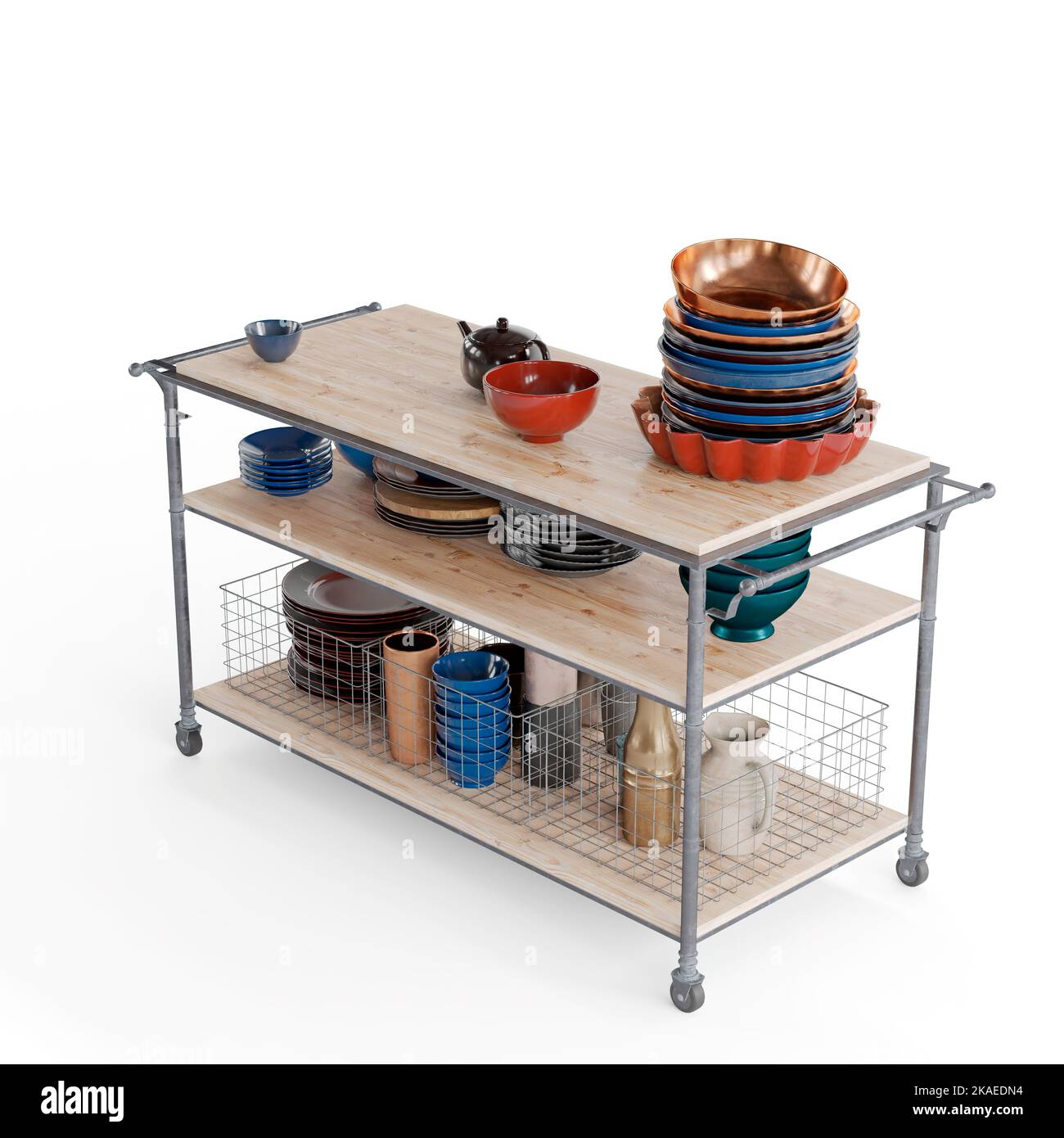 A photorealistic 3D render of kitchen racks with plates and cups ...