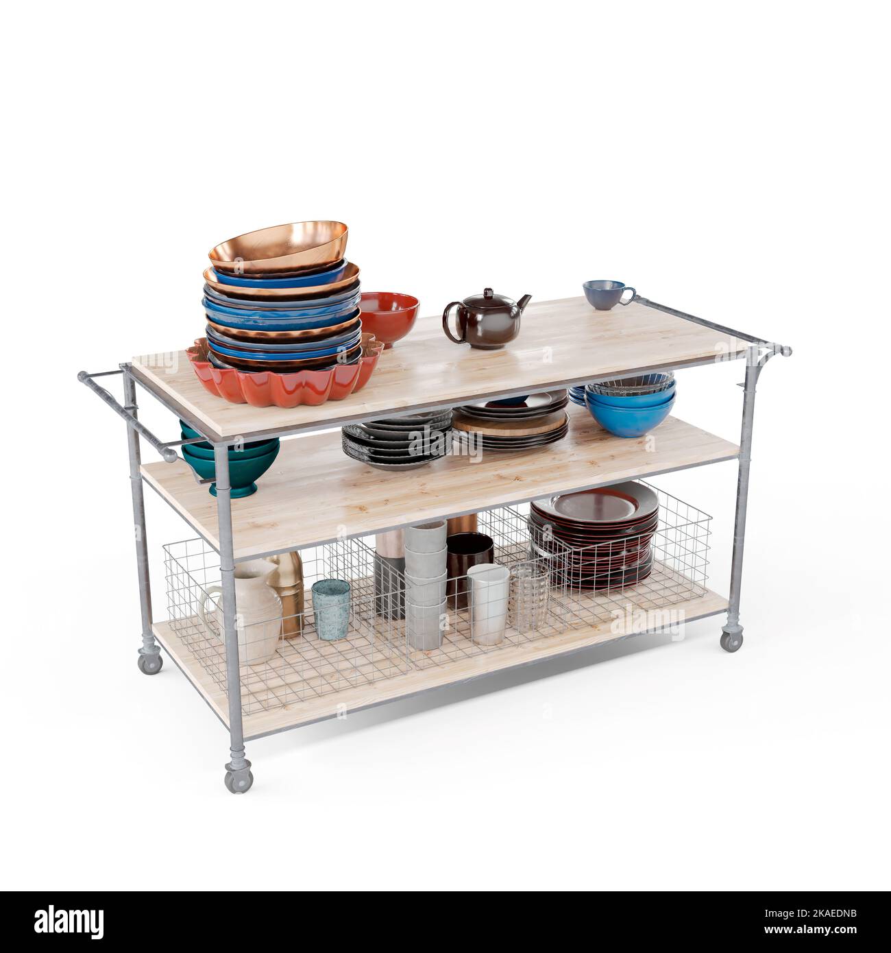 A photorealistic 3D render of kitchen racks with plates and cups ...