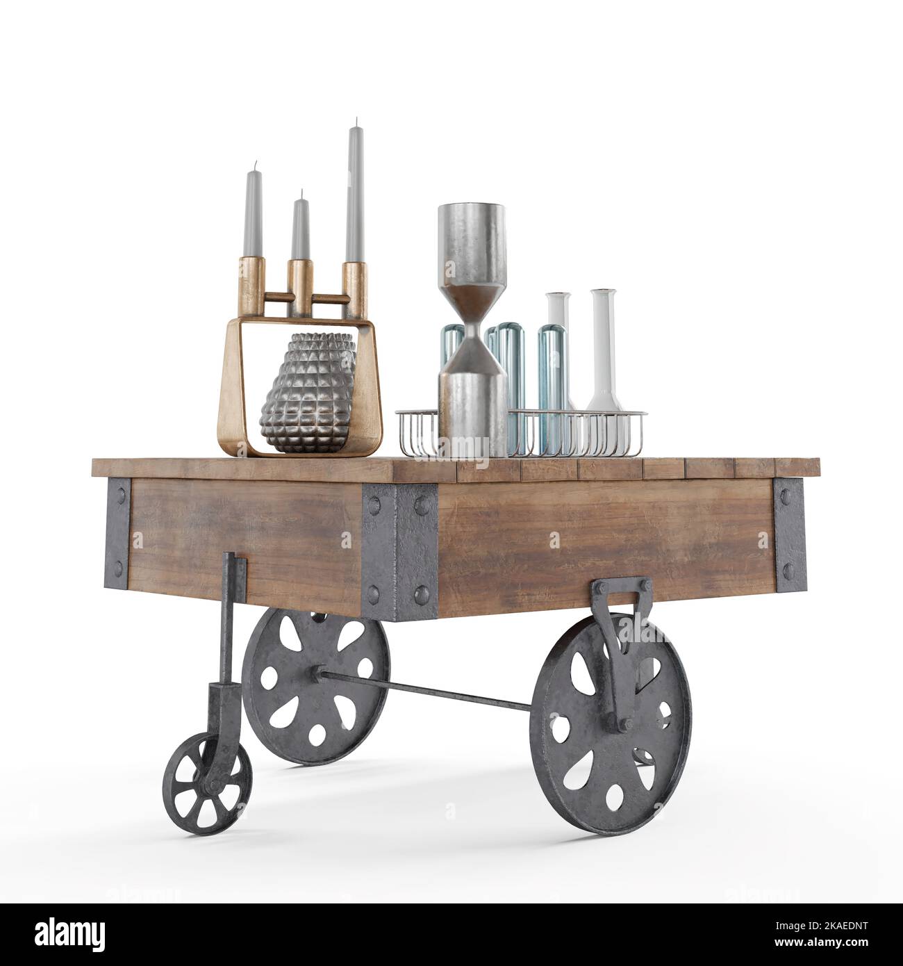 A photorealistic 3D render of a small wooden table with three wheels ...