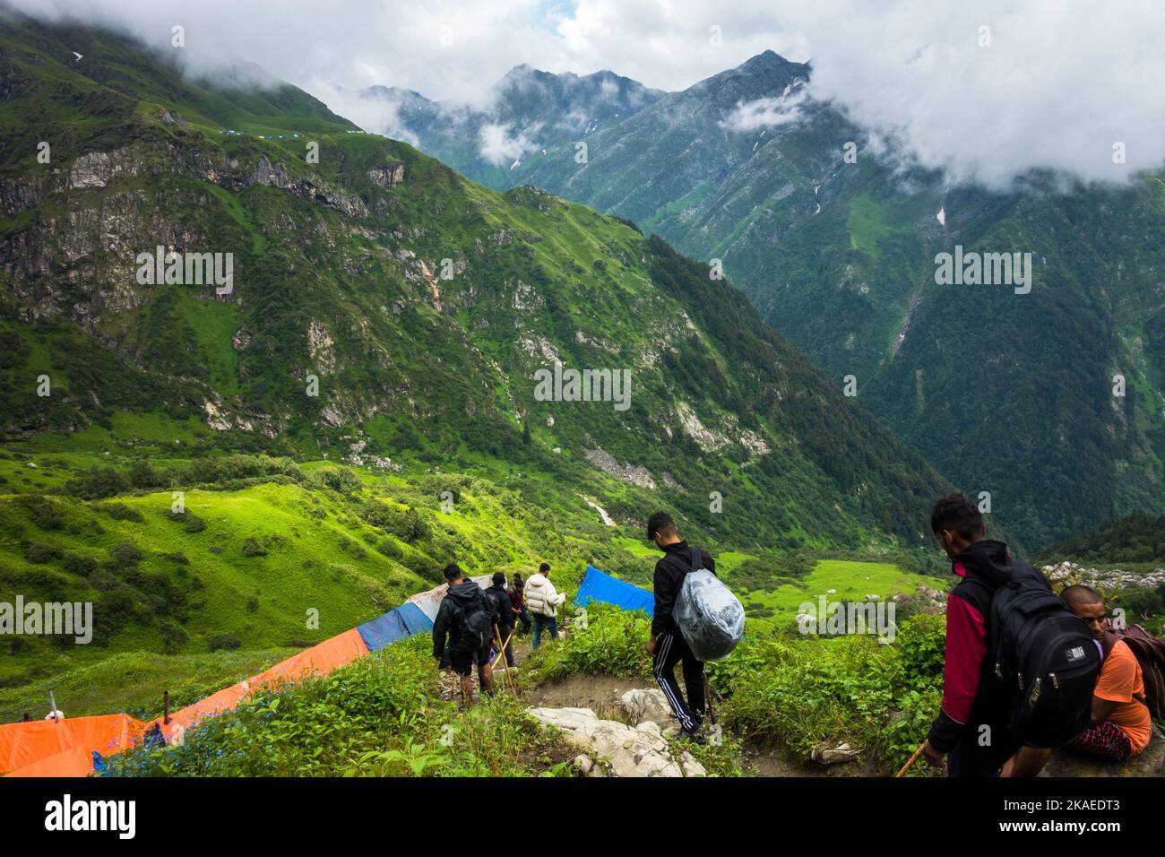 July 14th 2022, Himachal Pradesh India. People with backpacks and ...