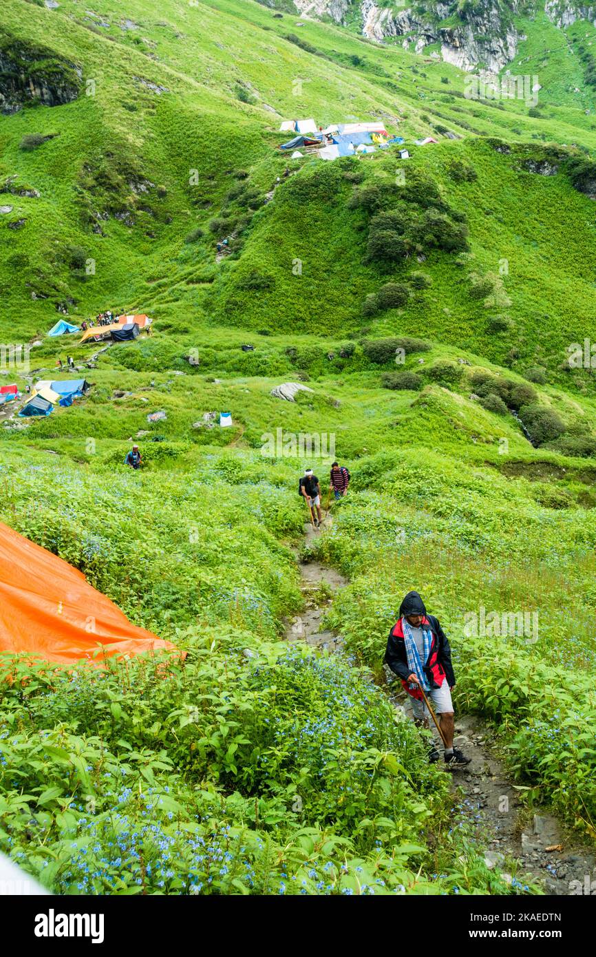 July 14th 2022, Himachal Pradesh India. People with backpacks and ...