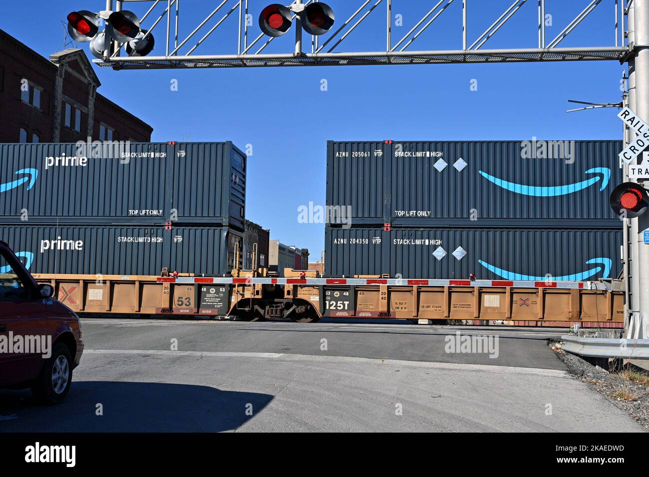 EMPORIA, KANSAS - NOVEMBER 1, 2022 Amazon Prime cargo boxes loaded on ...
