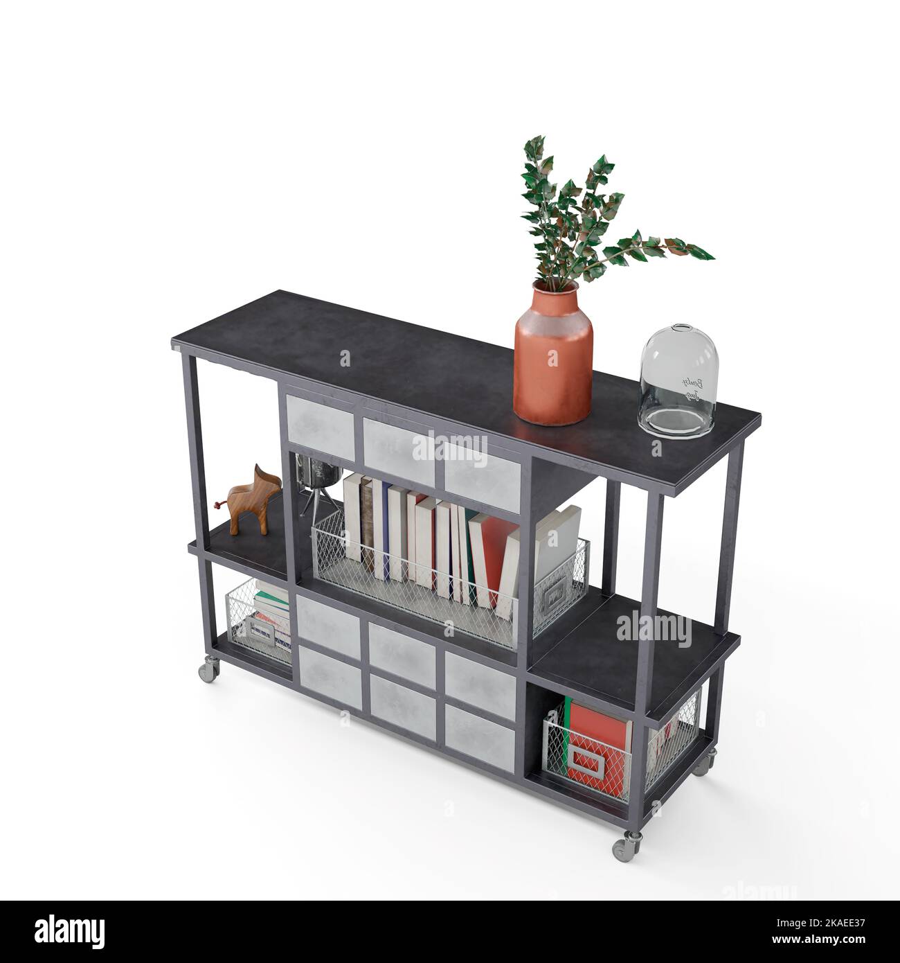 A 3D rendering of a gray buffet table with a bookshelf on a white ...