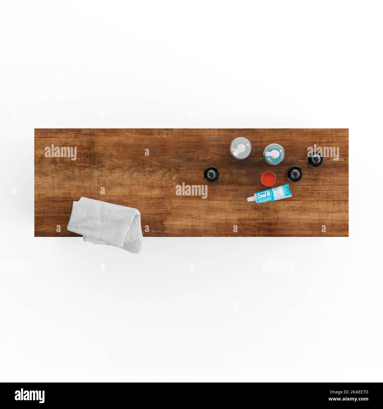 A top view of a 3D rendering of a wooden rack with drawers for the ...