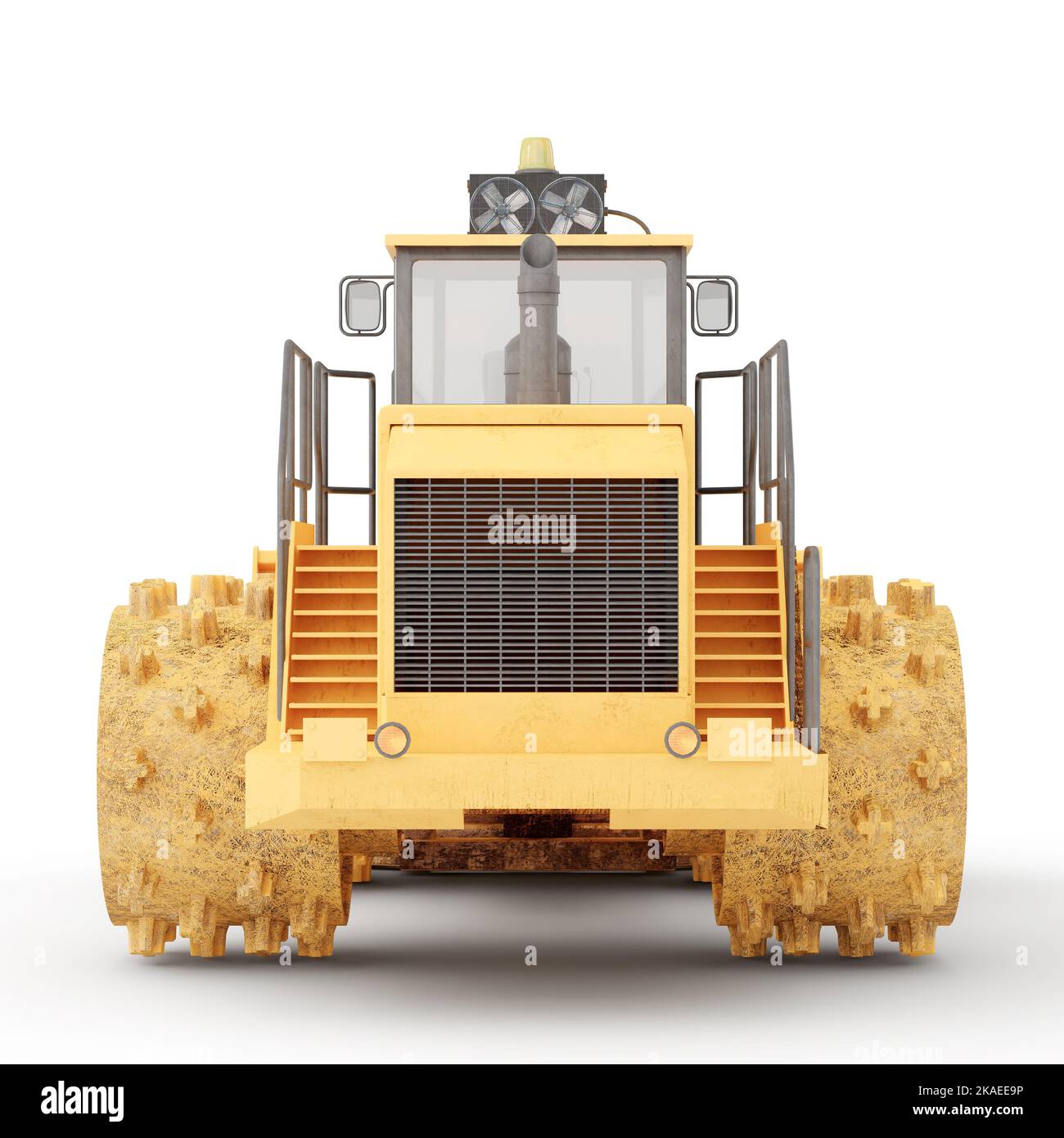 A 3D rendering of a yellow toy landfill compactor isolated on a white ...