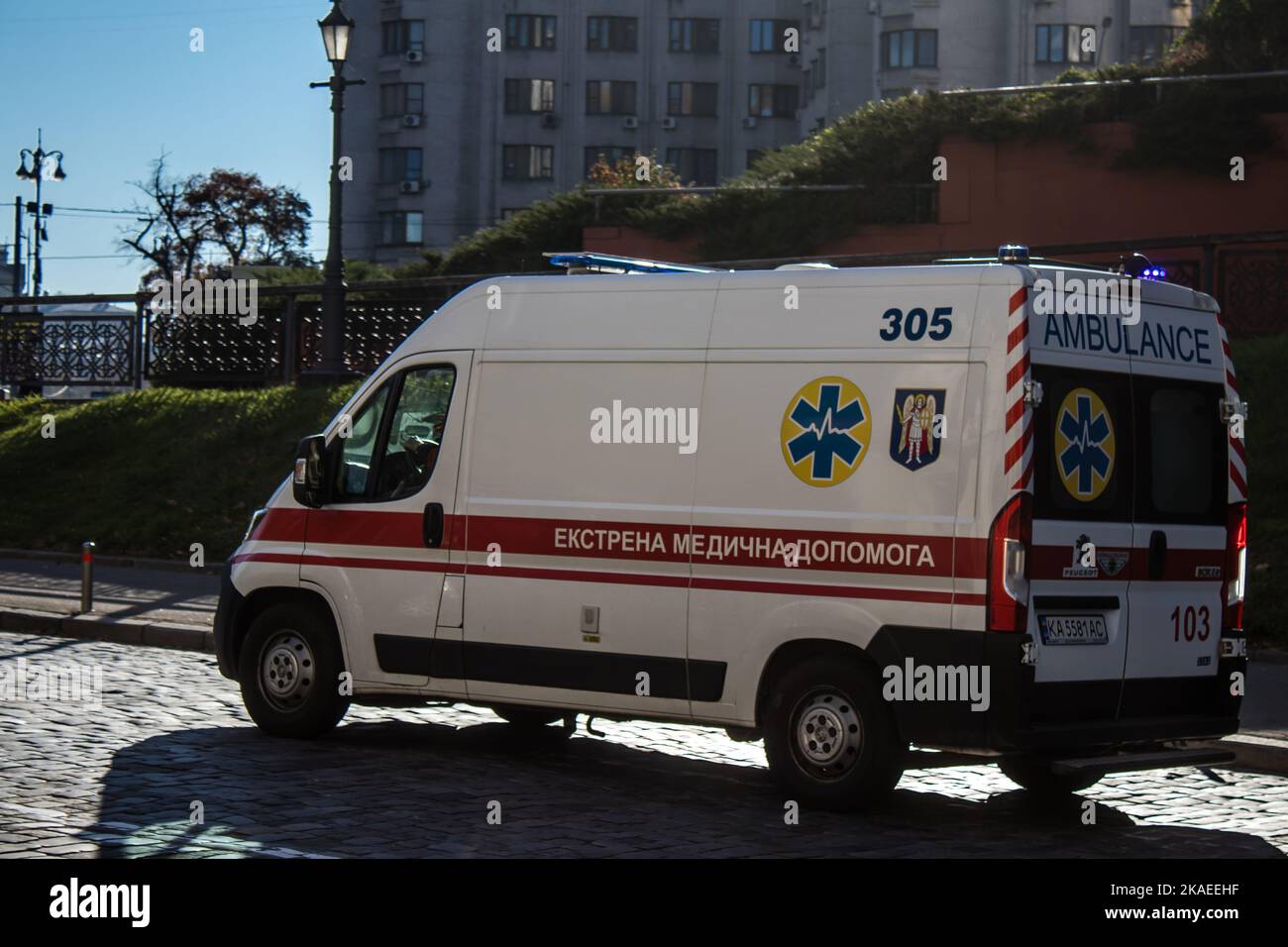 Kyiv, Ukraine - November 02, 2022 Ambulance rolling in the city center ...