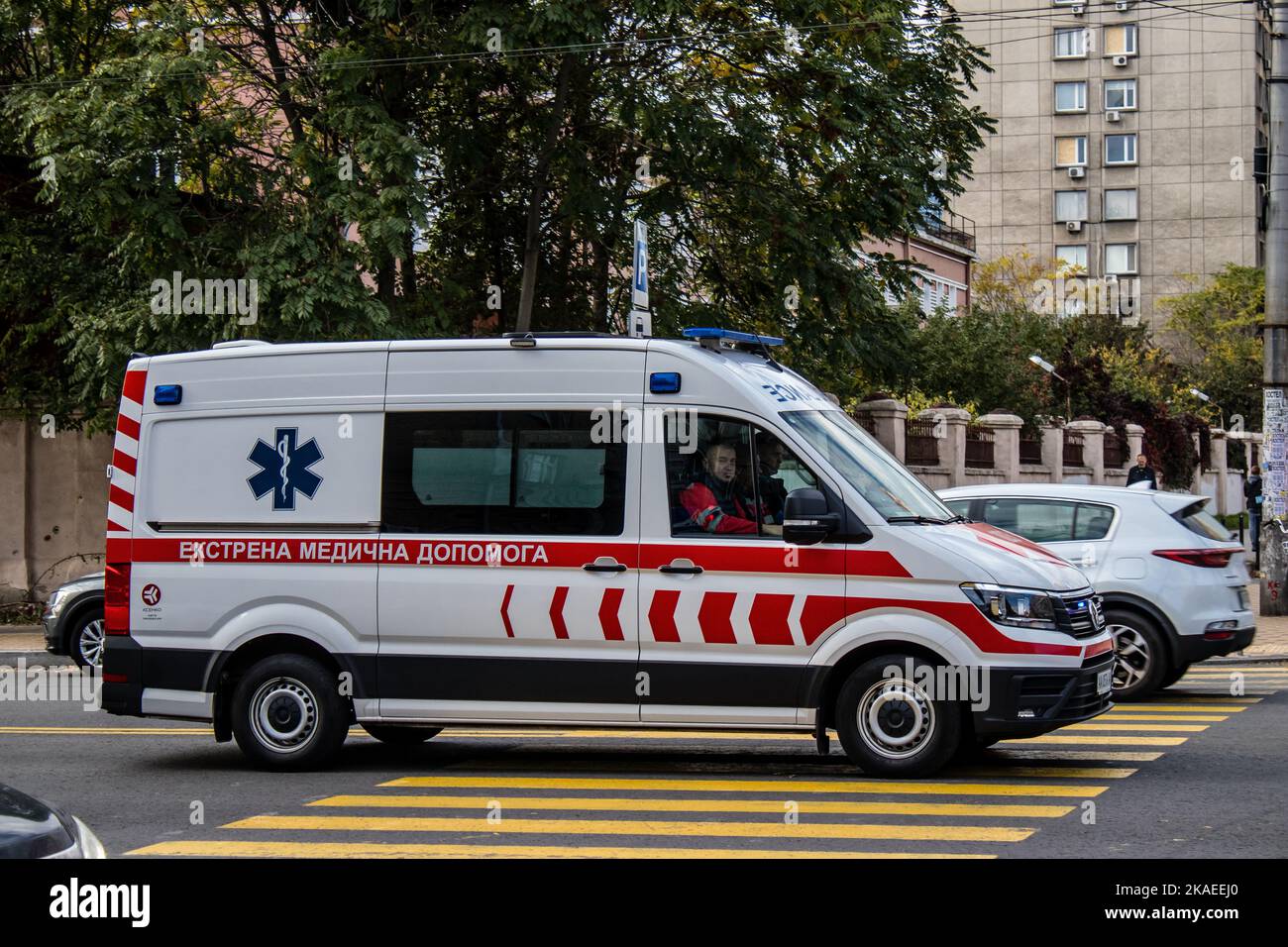 Kyiv, Ukraine - November 02, 2022 Ambulance rolling in the city center ...