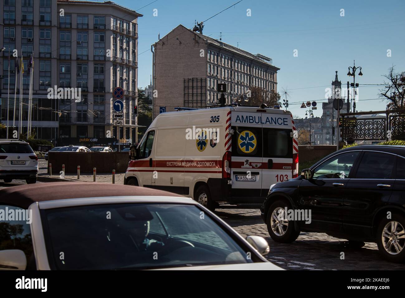 Kyiv, Ukraine - November 02, 2022 Ambulance rolling in the city center ...