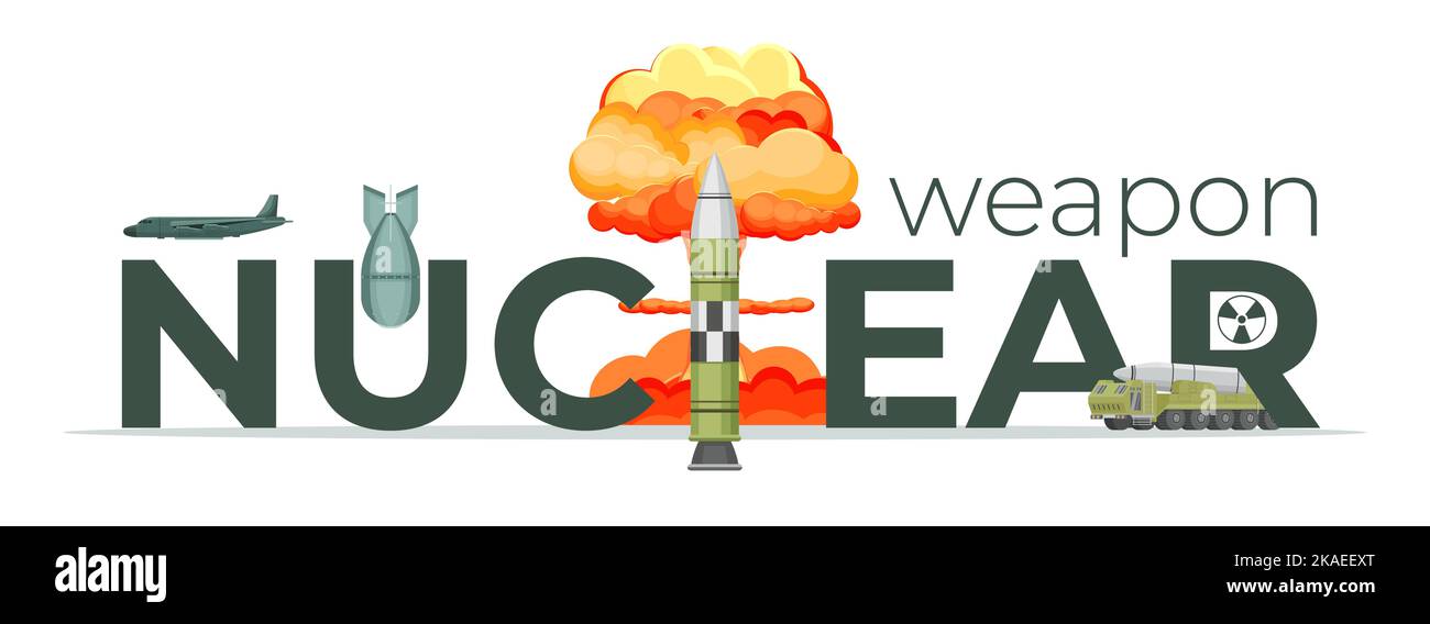 Nuclear weapon text flat composition with atomic explosion and armament on white background ...