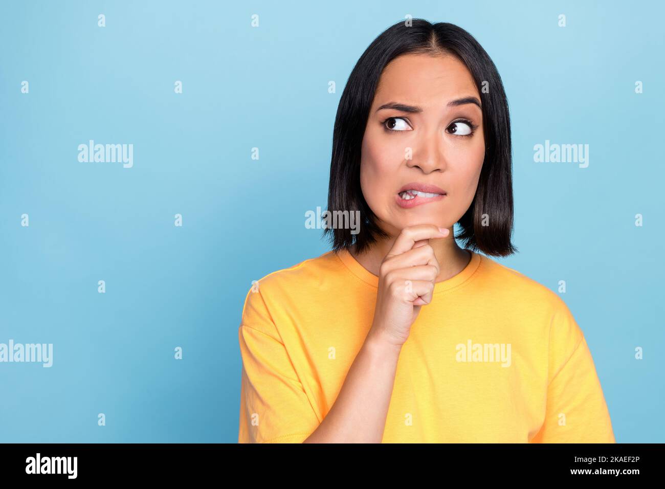 Closeup photo of young pretty cute nice lady touch chin mistake failed ...