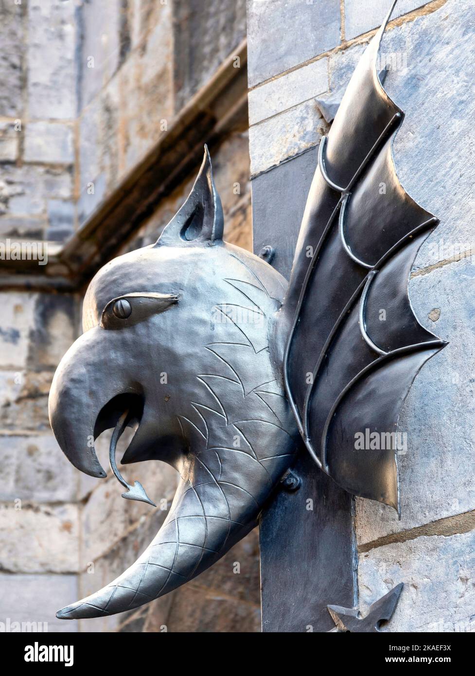 Demon sculpture with head and wings on the outer facade of Aachen ...