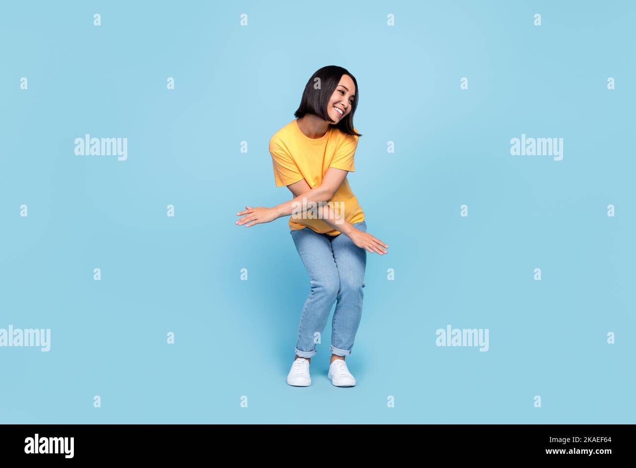 Full body size photo of young excited positive dancing girl celebrate ...