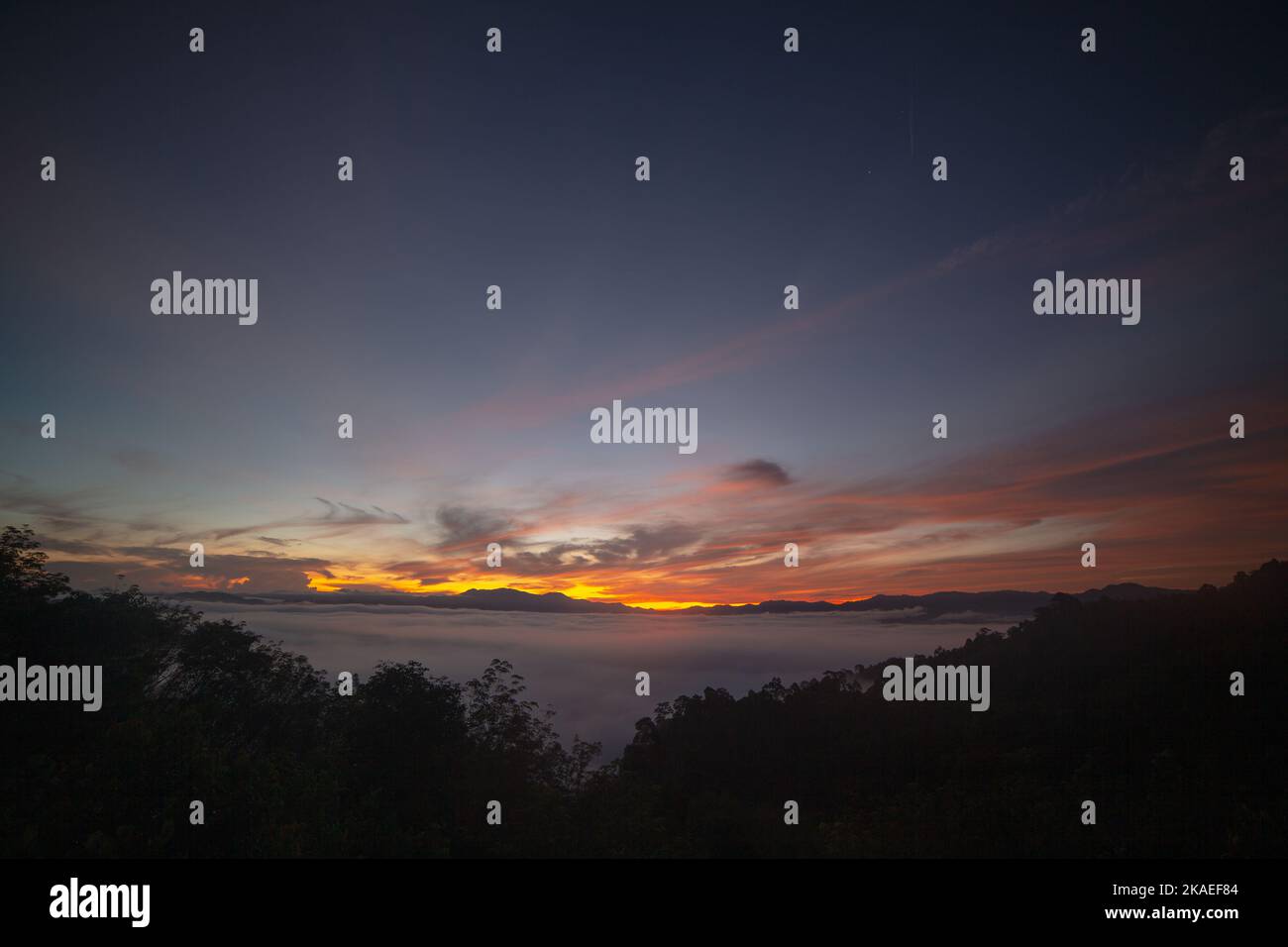aerial view scenery sunrise above the mountain in tropical rainforest ...
