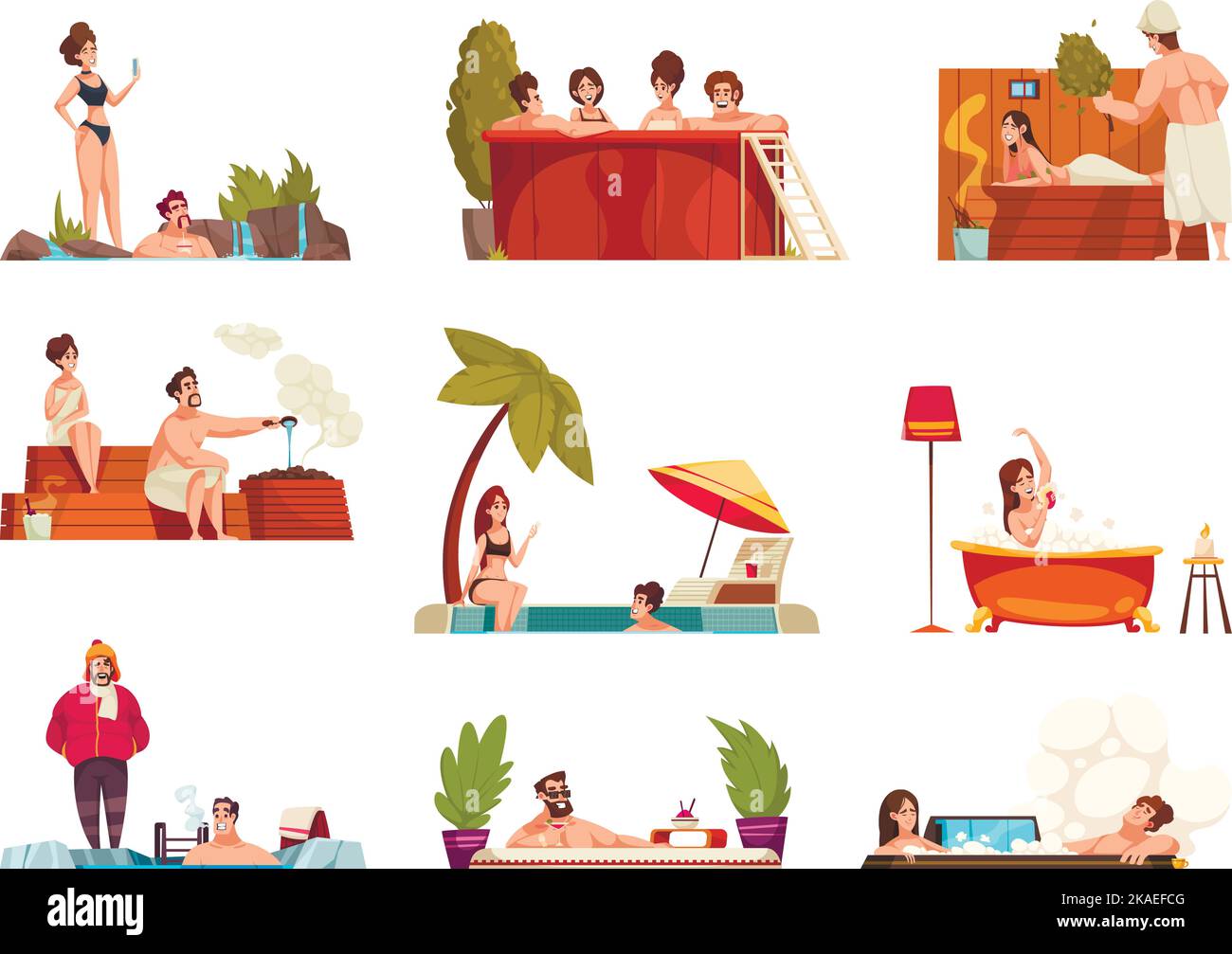 Bathing cartoon set of people relaxing in thermal waters jacuzzi sauna dipping in ice hole ...