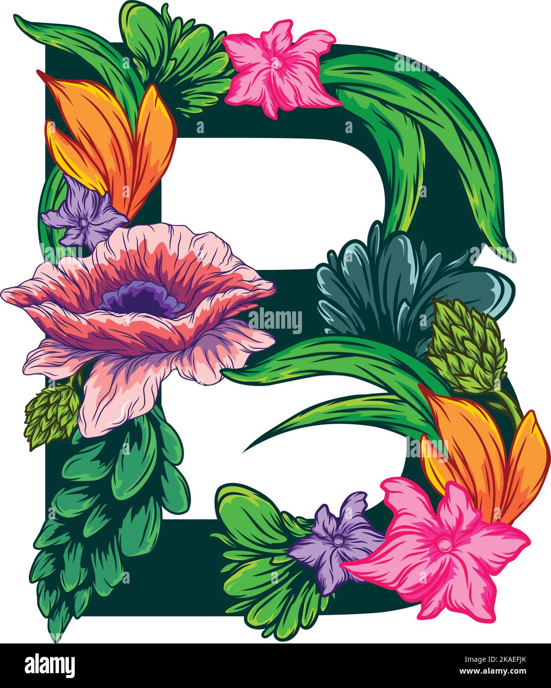 A vector of the capital B letter with green leaves and floral patterns ...