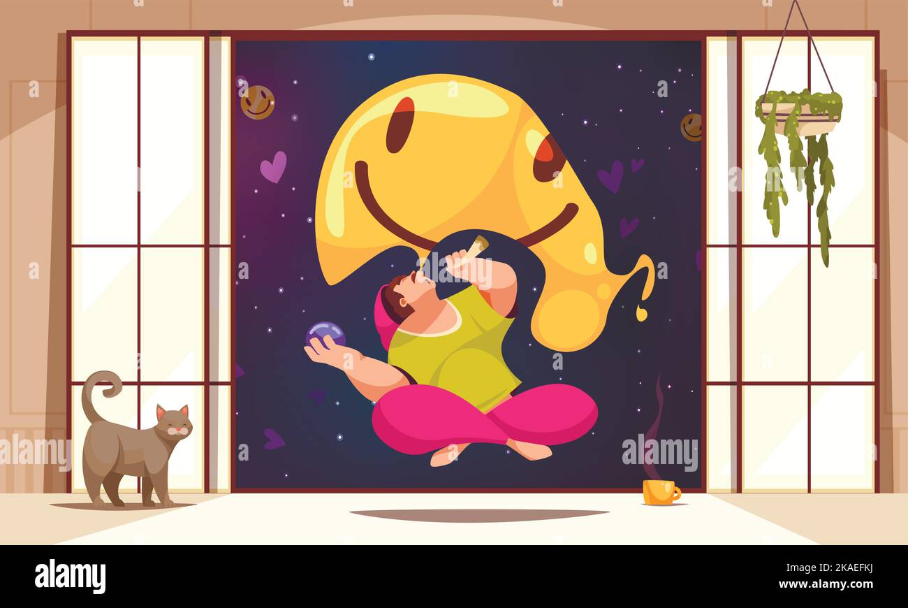 Hippie male character with magic sphere sparkling in darkness and ...