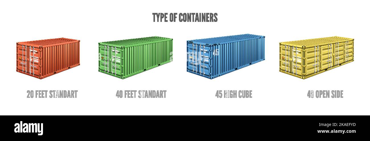 Colourful cargo containers types of different size realistic set ...