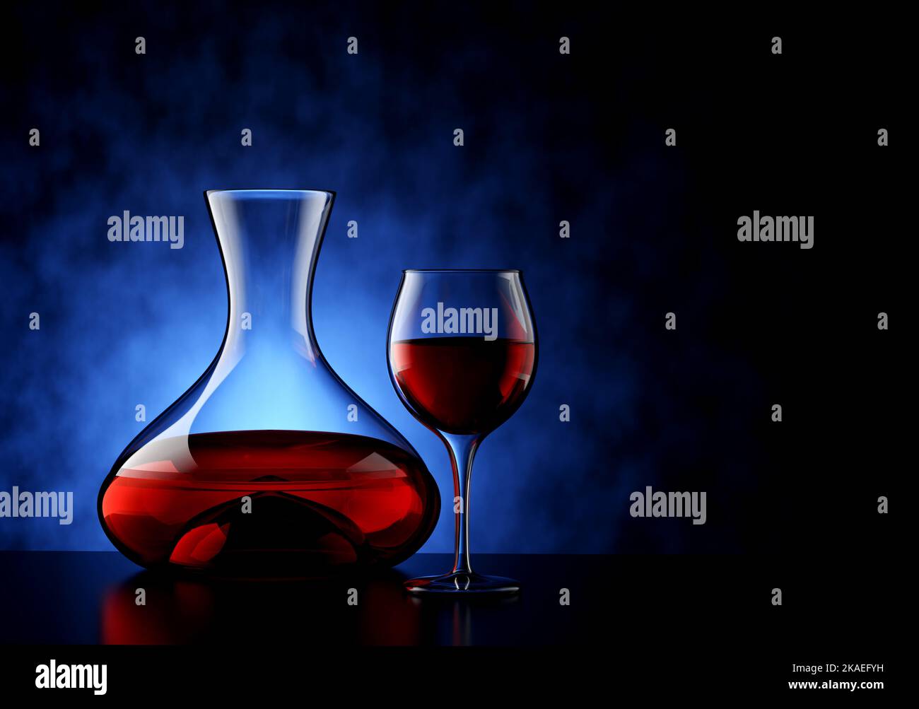 Carafe and Red Wine Glass with Textured Blue Background - 3D ...