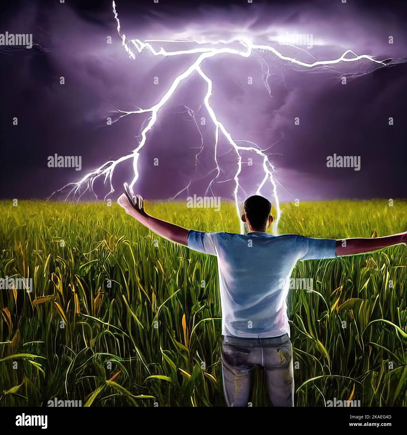 A man stands in a flash of lightning with his hands raised to the sky ...