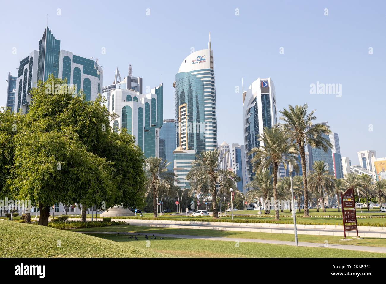 The Doha Qatar skyline seen from a park with lush green trees Stock ...