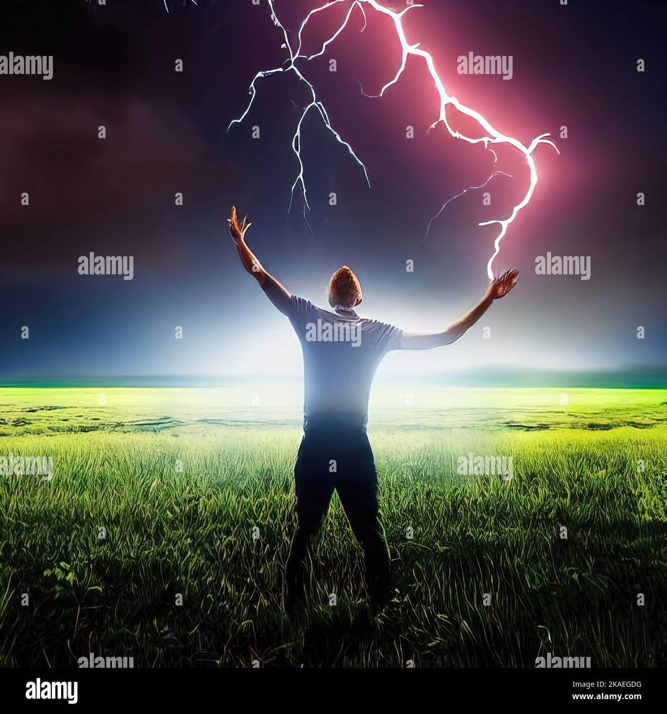 A man stands in a flash of lightning with his hands raised to the sky ...