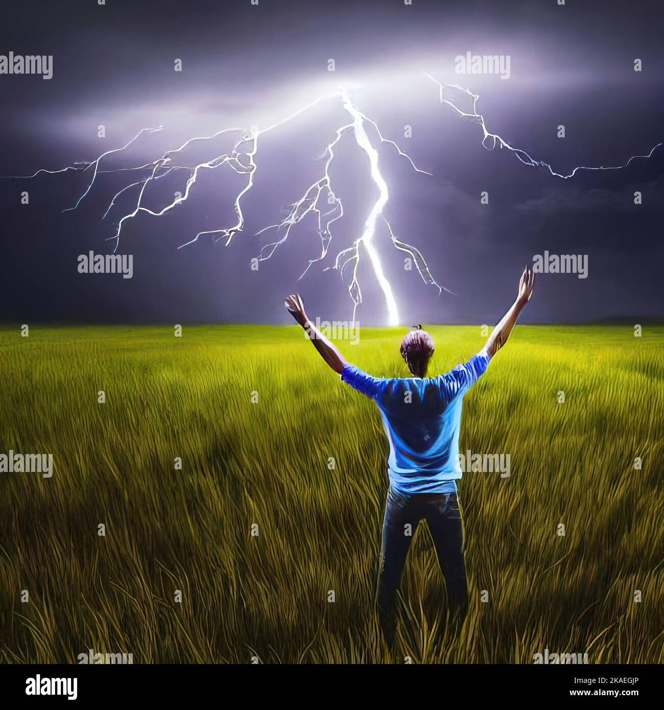 A man stands in a flash of lightning with his hands raised to the sky ...