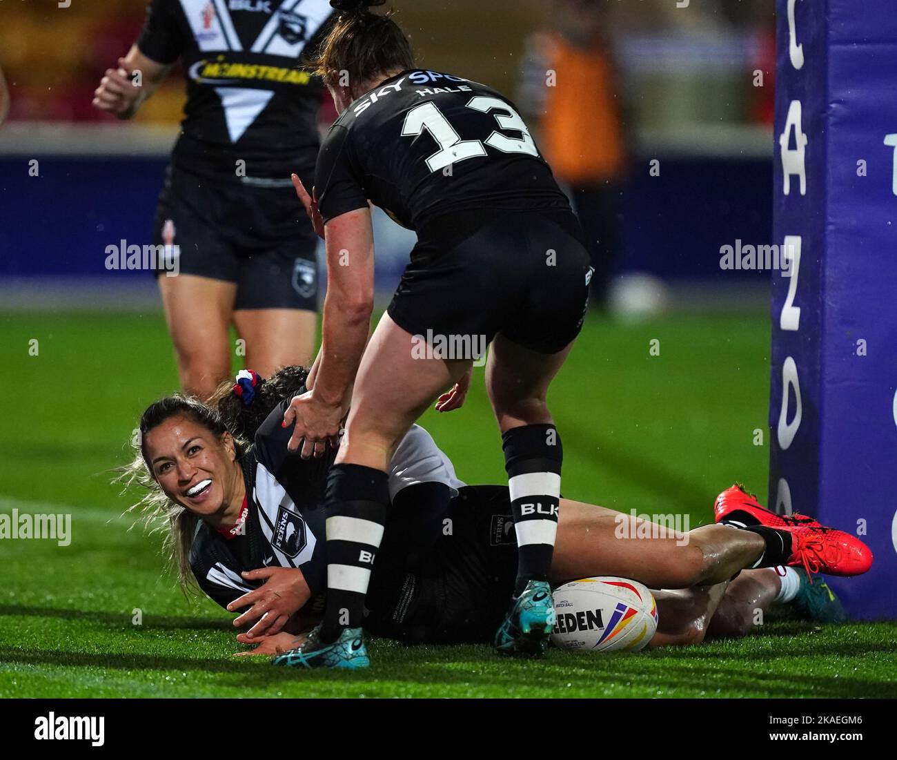 New Zealand's Apii Nicholls celebrates scoring a try during the Women's ...