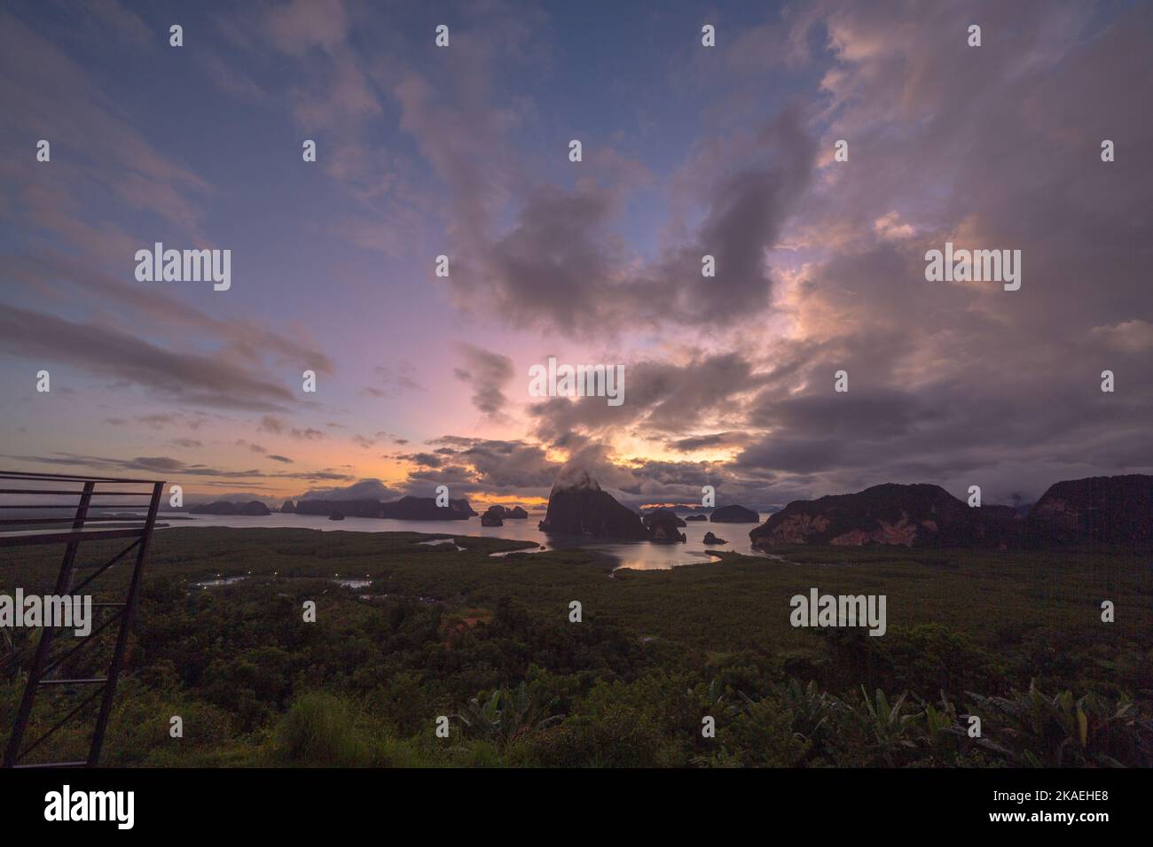 Aerial view sunrise at Samet Nangshe, mountain valley hills, and ...