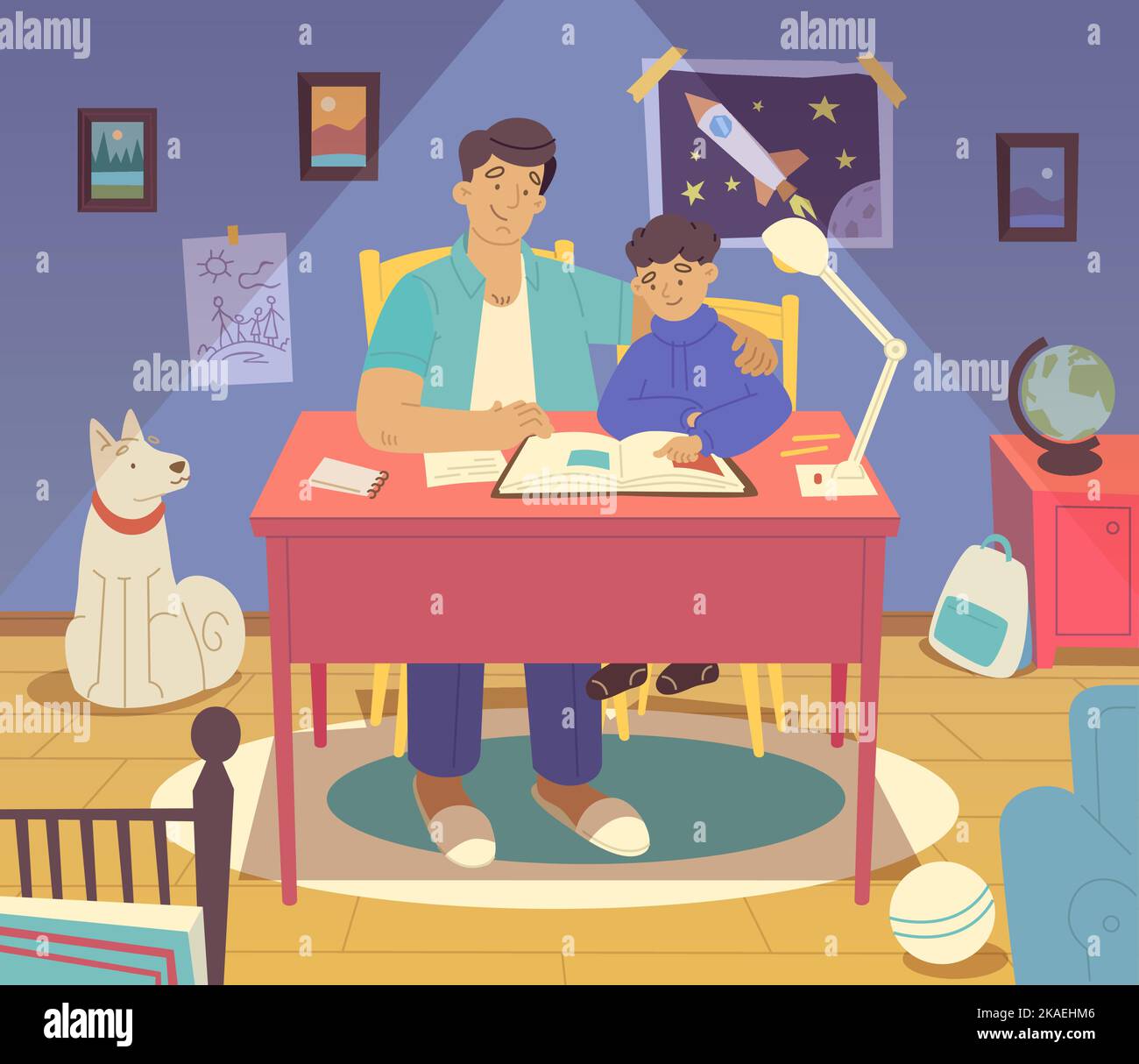 Happy family composition with dad helping his son with homework reading ...