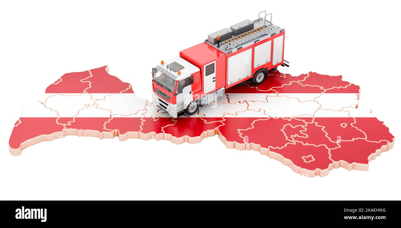 Fire department in Latvia. Fire engine truck on the Latvian map. 3D ...
