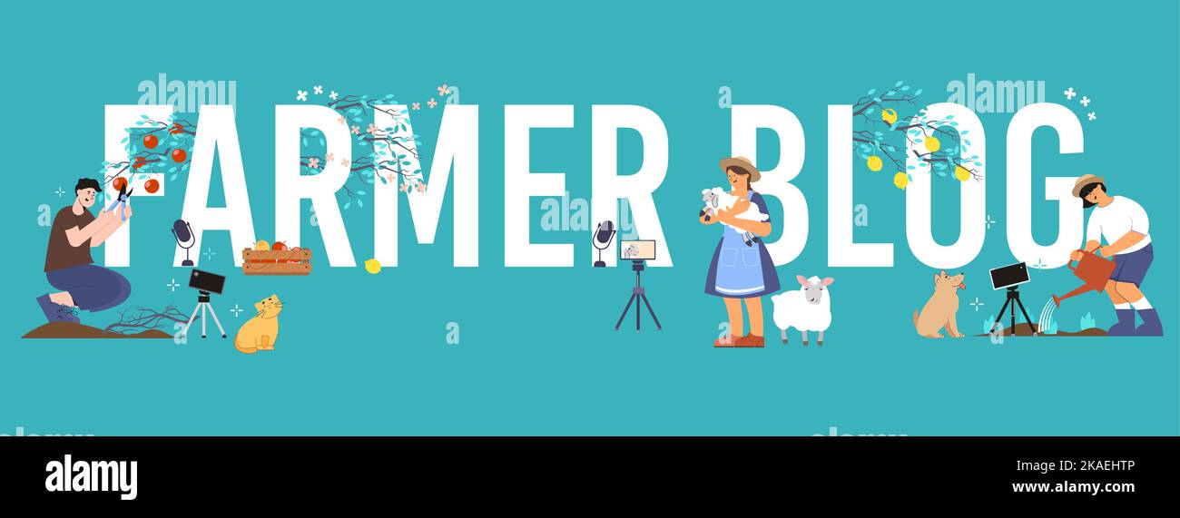 Farmer blog flat text composition with views of gardening people ...