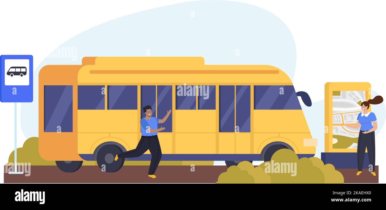 Flat public transport background with two human characters bus and city ...